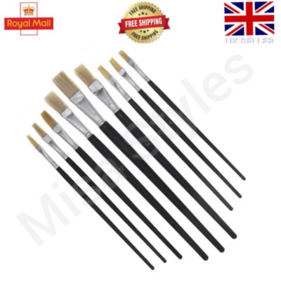9PC FLAT TIP ARTISTS PAINT BRUSH SET FINE THIN WIDE BRUSHES SMALL LARGE ...