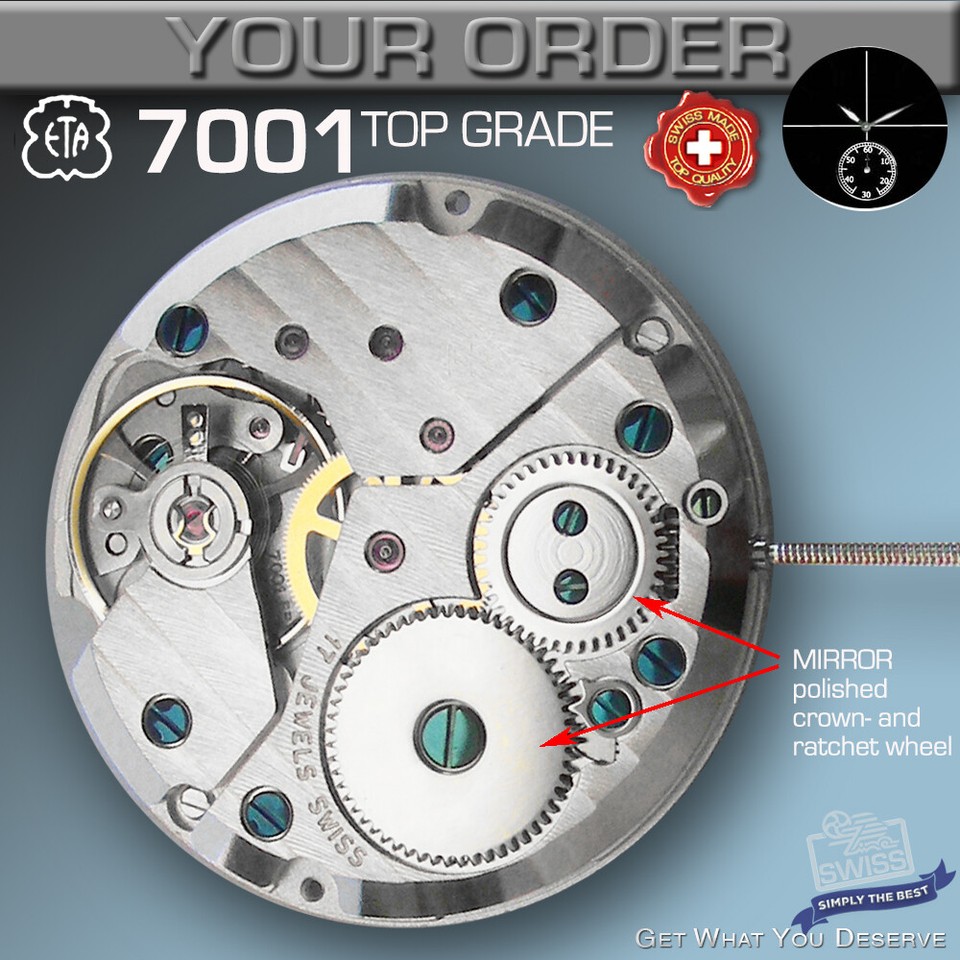 MOVEMENT, ETA 7001, TOP GRADE GLUCYDUR BALANCE, CDG, BLUE SCREWS, SWISS ...