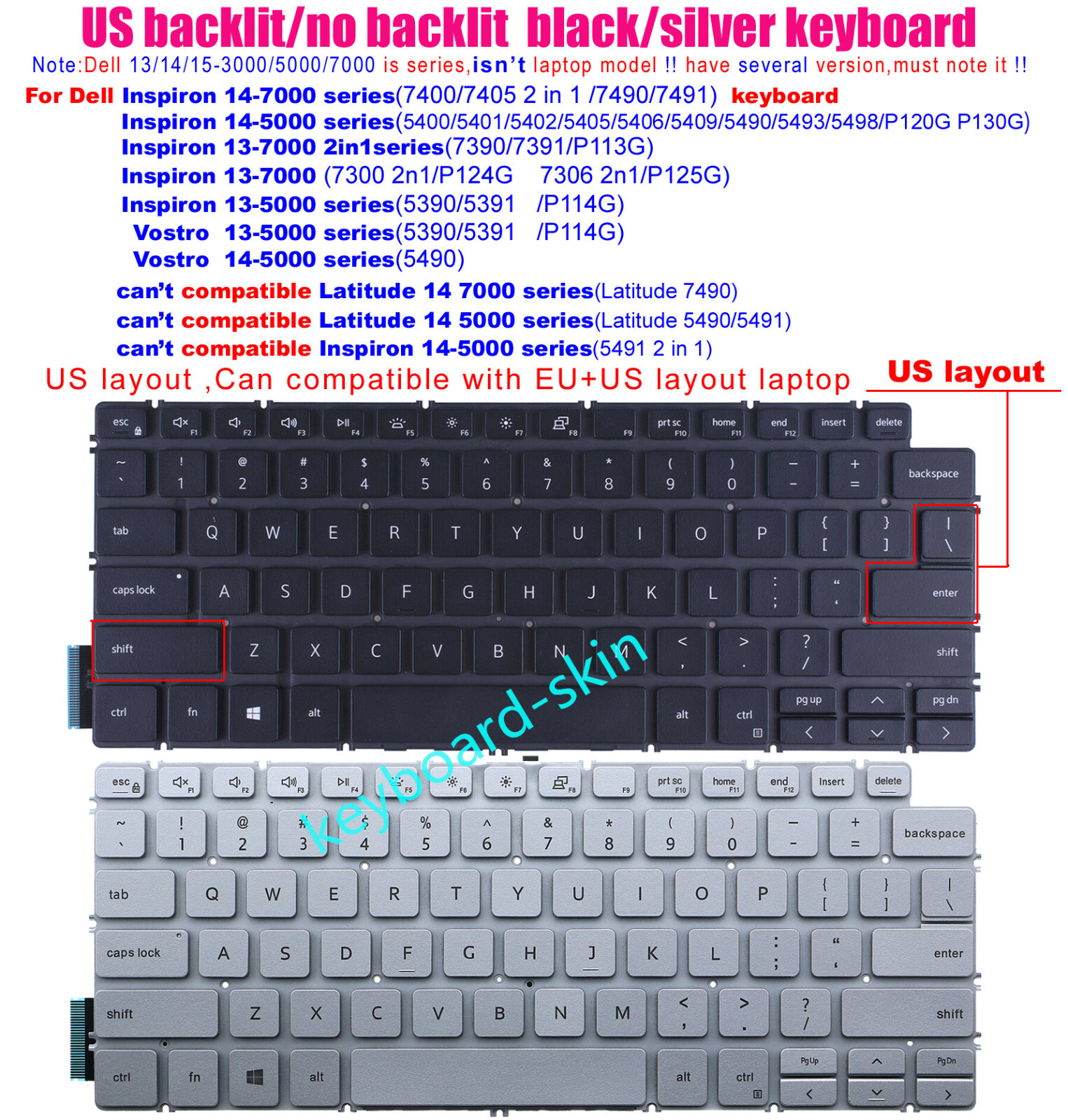 US Keyboard for Dell Inspiron 5493 7390 7391 P113G 7300 2n1 7306 2n1 ...