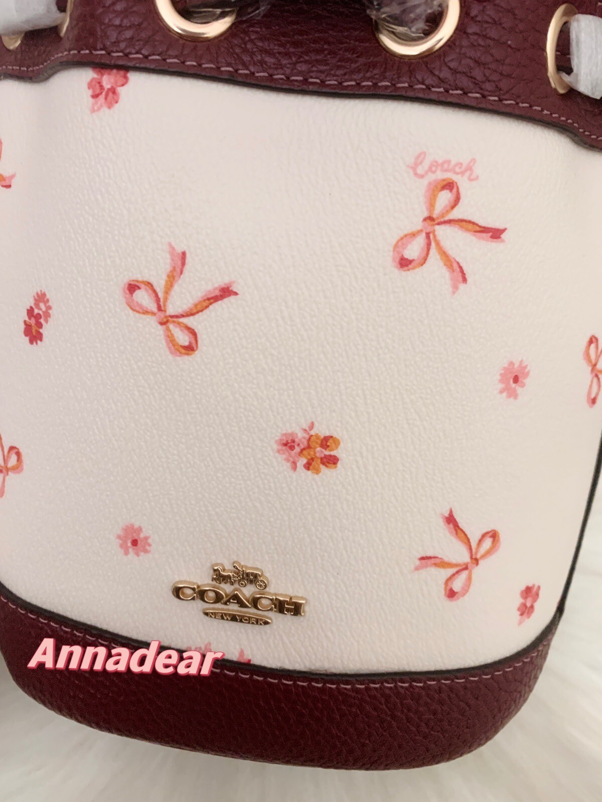 Coach Dempsey Drawstring Bucket Bag 15 With Bow Print In Chalk Wine NWT ...