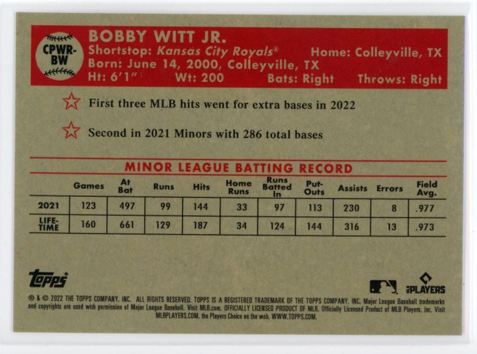 2022 1952 Topps National Wrapper Redemption Bobby Witt Jr. RC Royals | eBay