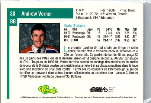 1991 Classic Draft Picks #30 Andrew Verner | eBay