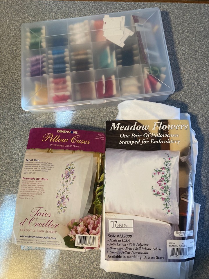 Embroidery crafting lot. Box of thread, large loom, small loom, and ...