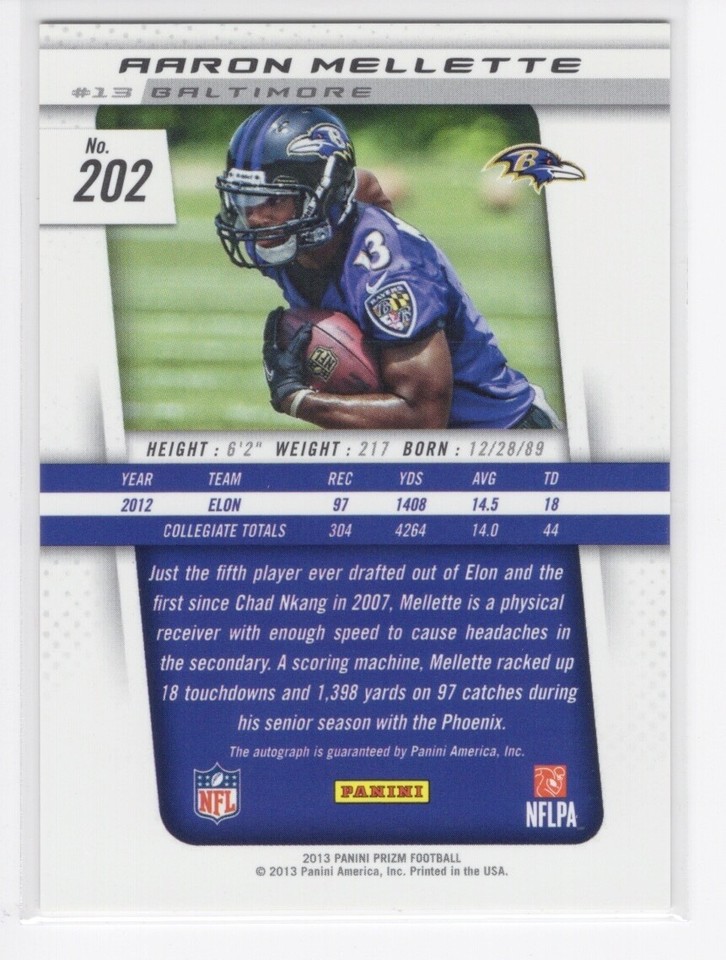 Aaron Mellette 2013 Panini Prizm Autograph Rookie Card Auto RC Ravens ...