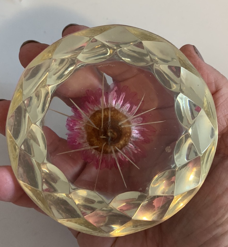 Vintage Faceted Lucite Paperweight with Pink Flower Signed W Rolfe EUC ...
