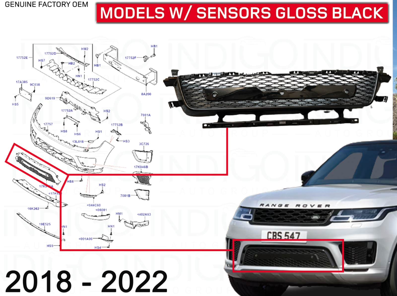 2018-2022 Range Rover Sport W/Sensors Front Lower Grill OEM LR099209 | eBay