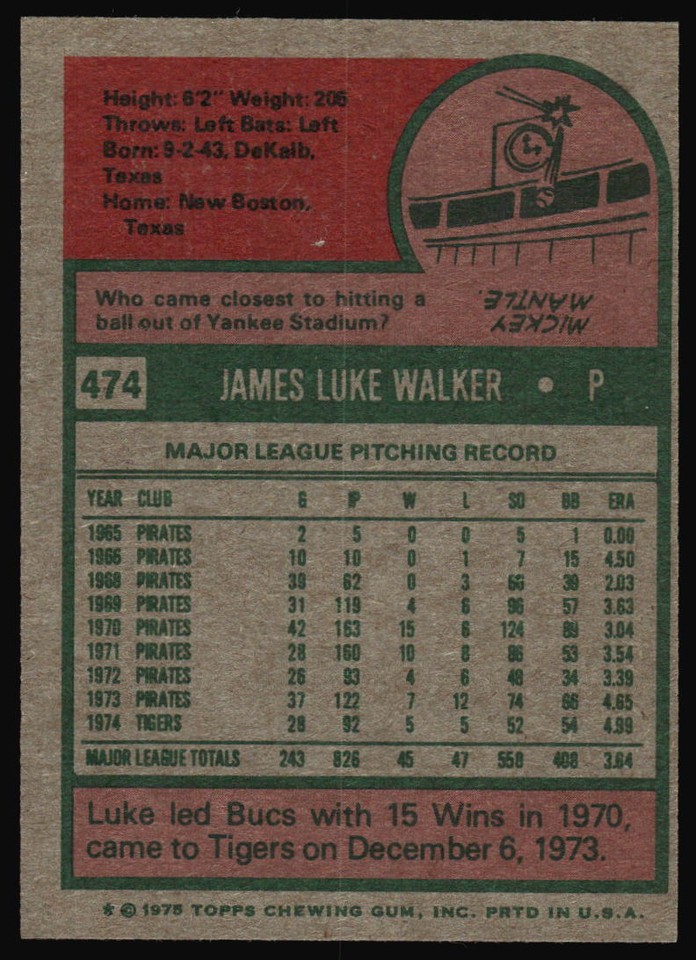 1975 Topps Luke Walker #474 Detroit Tigers | eBay