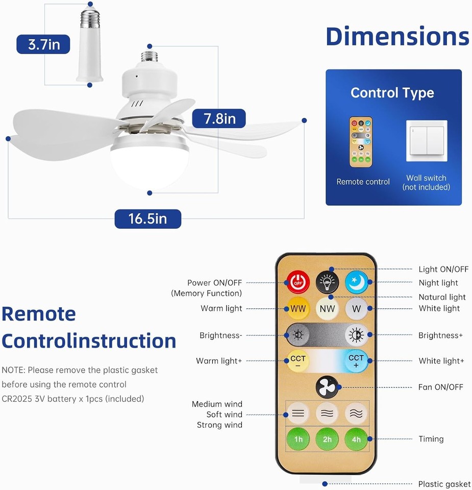 Socket Fan Light - Ceiling Fans with Lights and Remote/Socket Extender ...