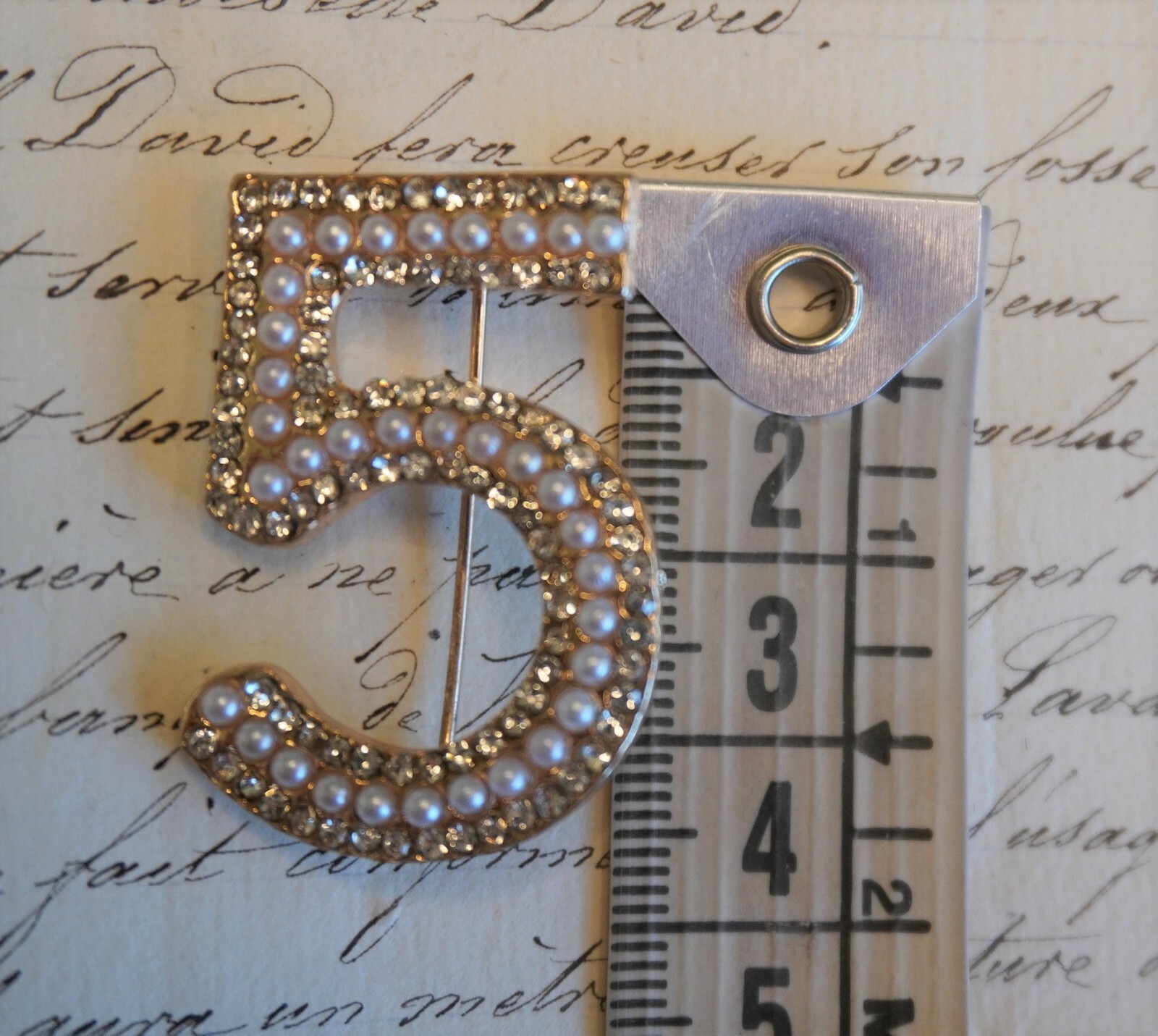 Number 5 Brooch Pin Lapel Gold Pearl Costume Jewellery Elegant Vintage ...