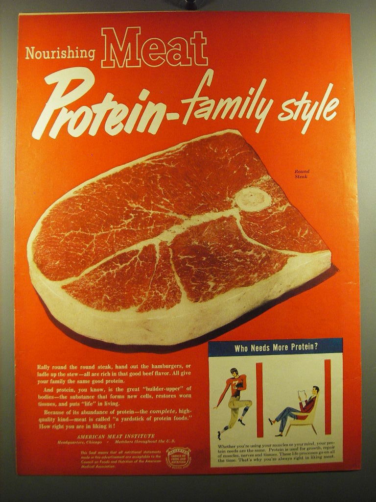 1950 American Meat Institute Ad - Nourishing Meat protein-family style ...