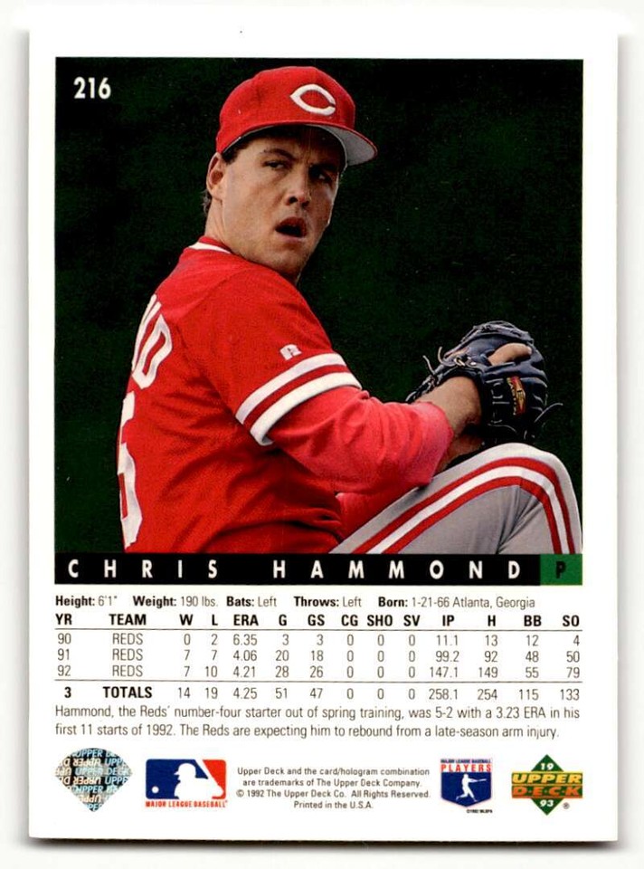 1993 Upper Deck #216 Chris Hammond Cincinnati Reds Baseball Cards EX ID ...