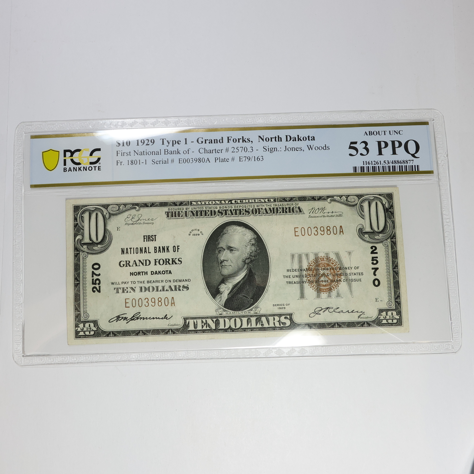 1929 PCGS Banknote AU 53 PPQ US $10 Grand Forks National Currency CH ...