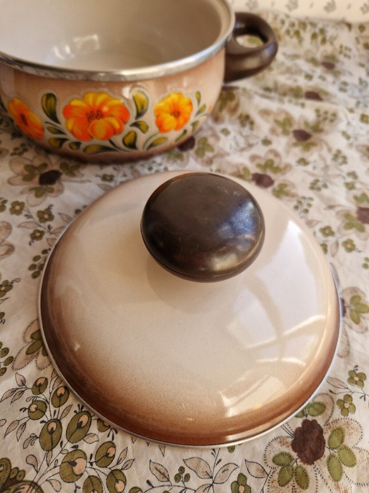 Vintage Prinz Enamel Casserole Pot German Cooking Saucepan Lid Flowers ...