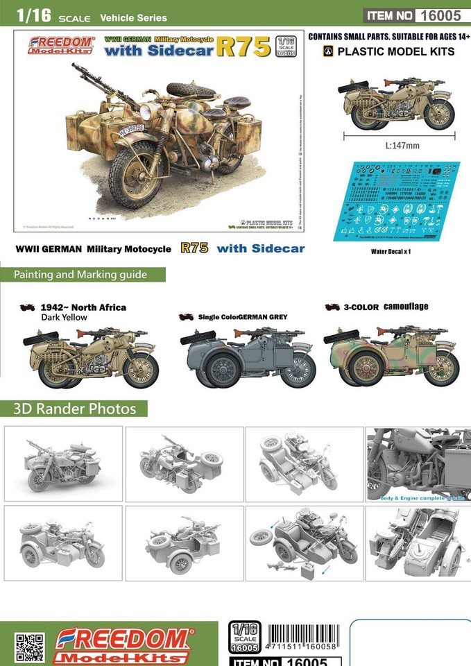 Freedom Model 1/16 R75 with Sidecar WWII German Motorcycle & Rider ...