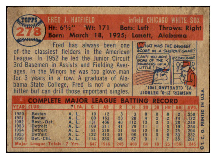 1957 TOPPS #278 FRED HATFIELD WHITE SOX EX SET BREAK 514527 (KYCARDS ...