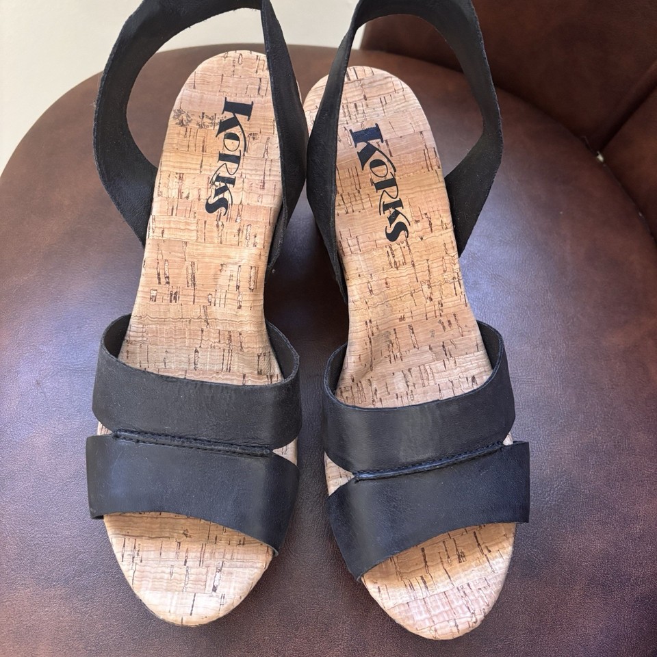 NWOT Korks Kork Ease Black Leather Mia Block Heel Sandal sz 7 Chunky ...