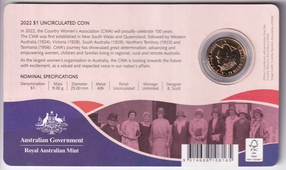 AUSTRALIAN: 2022 $1 CENTENARY OF THE WOMEN'S ASSOCIATION 100 YEARS COIN ...
