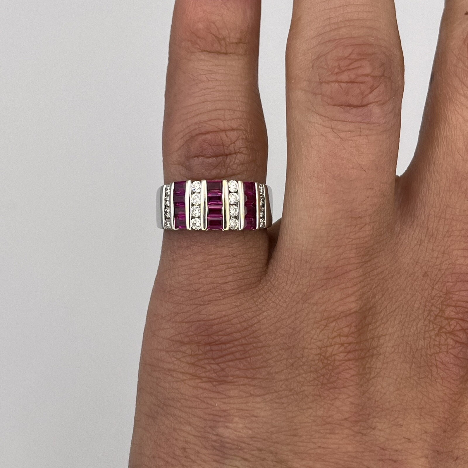 14k White Gold Baguette Ruby and Round Diamond Gemlock Band Ring Size 7 ...