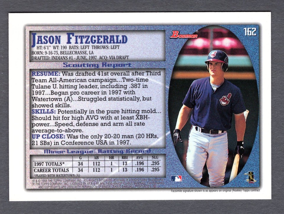 1998 BOWMAN JASON FITZGERALD ROOKIE CARD #162 **NM-MT** CLEVELAND | eBay