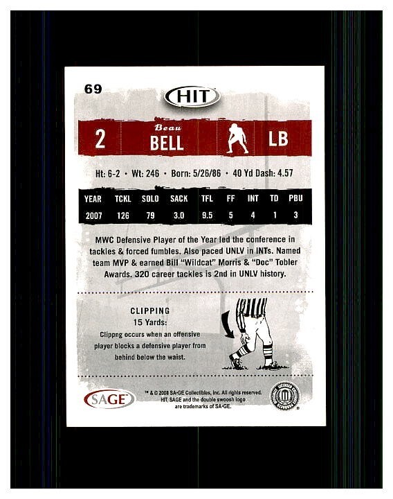 Beau Bell 2008 SAGE HIT #69 UNLV Rebels | eBay