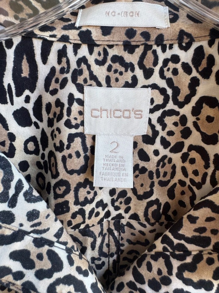 Chico's 3/4 Sleeve Button Front Leopard Print No-Iron Shirt Women's ...