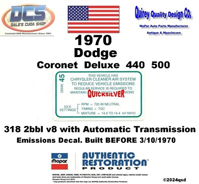 1970 Dodge Coronet 318 Auto Transmission Emissions Decal 2899845 MoPar ...