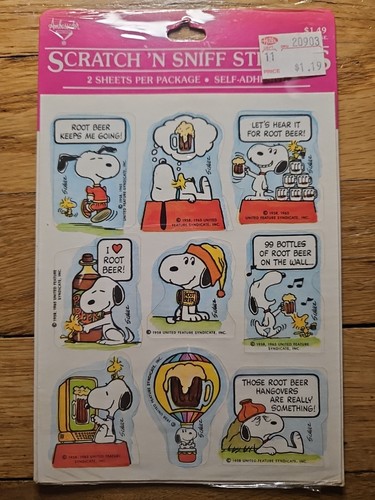 Vintage Scratch N Sniff Root Beer Stickers NOS Hallmark Peanuts Snoopy ...