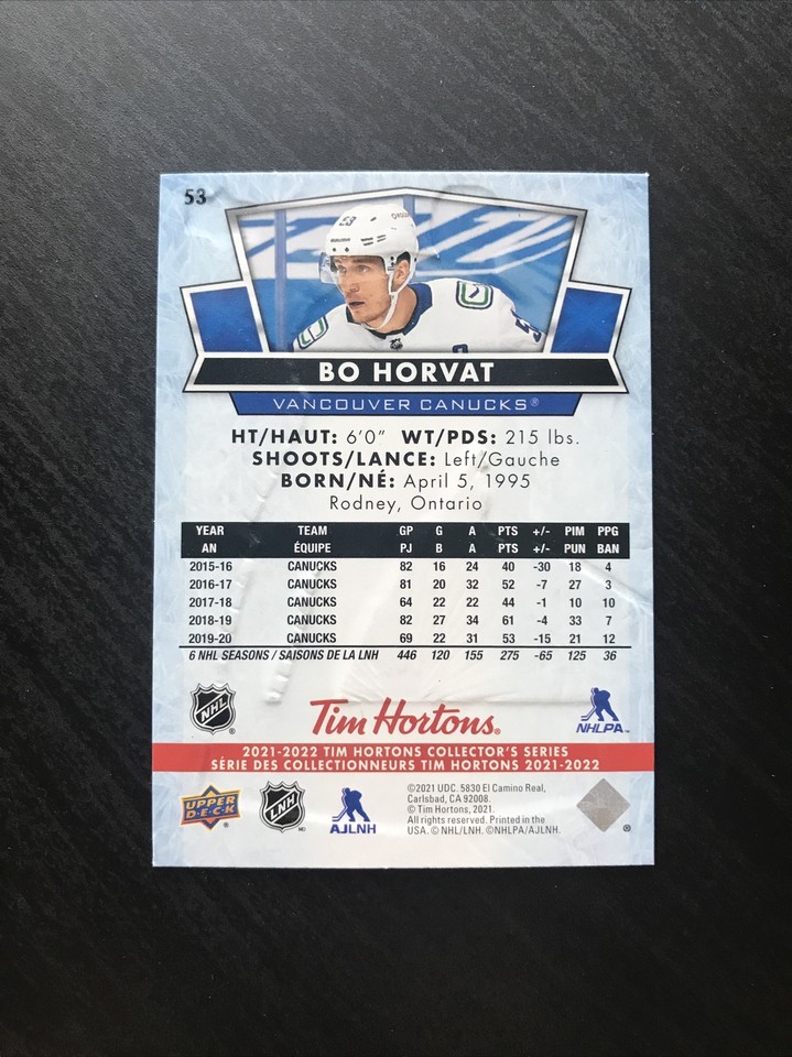 2021-22 Upper Deck Tim Hortons #53 Bo Horvat Vancouver Canucks ...