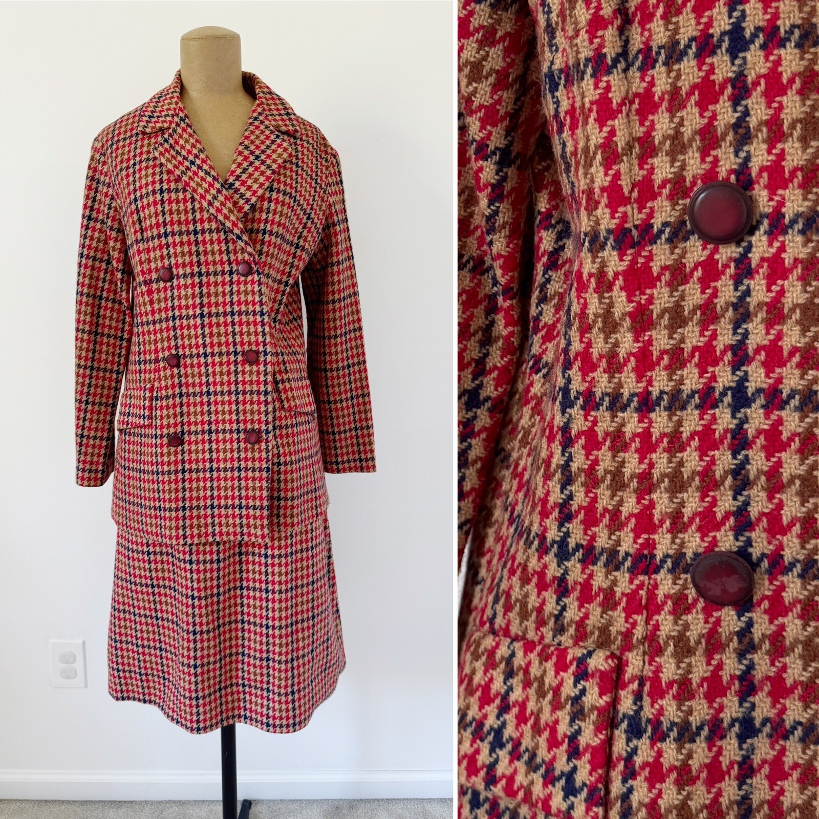 Vintage 60s Wool Red Houndstooth Double Breasted Jack… - Gem