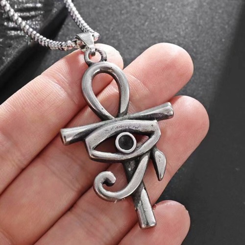 Egyptian Silver Ankh Cross Eye of Horus Pendant Necklace Chain Men's ...