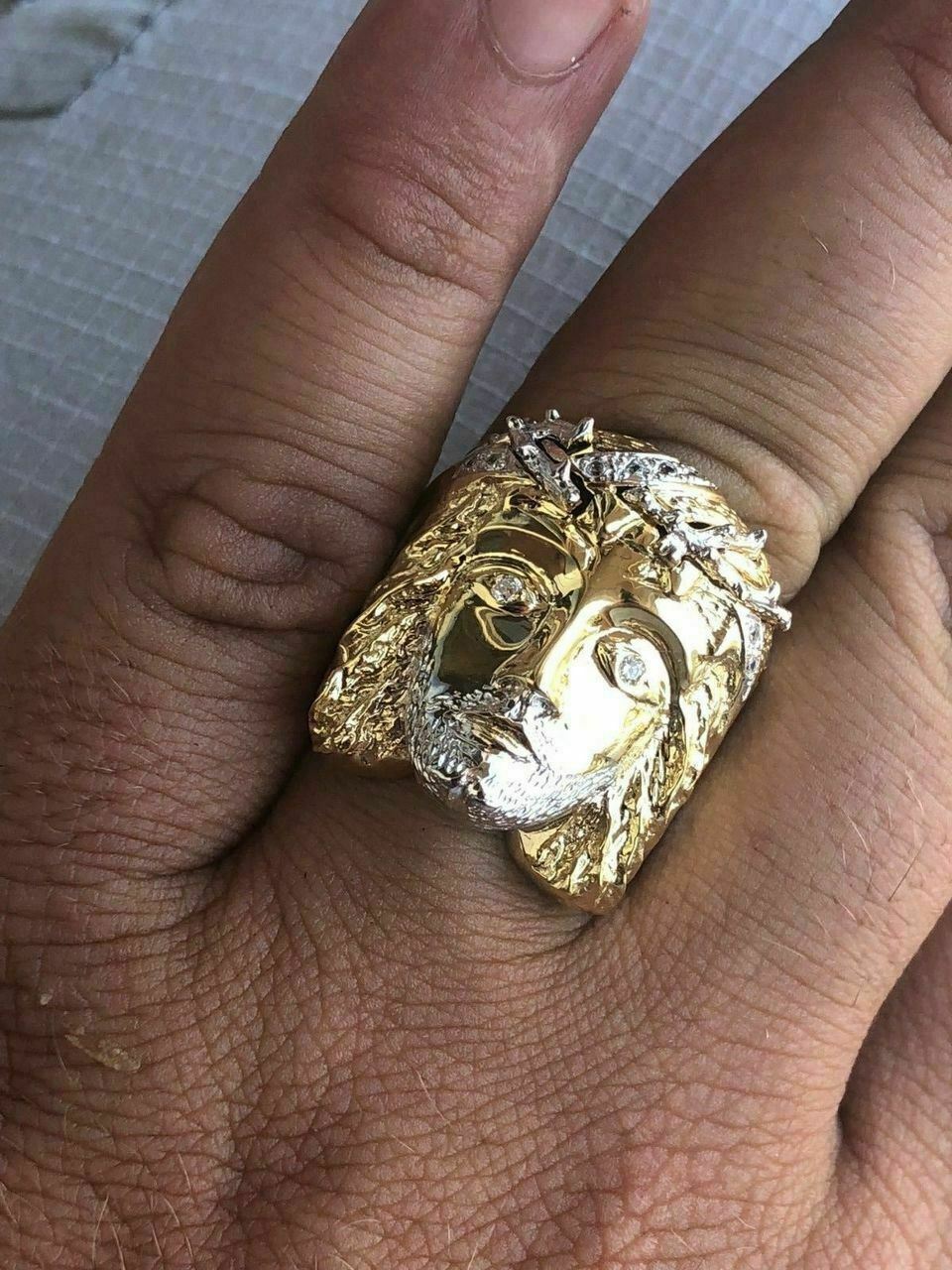 Men Real 14k Yellow Gold Plated Solid 925 Silver Jesus Face Ring ...