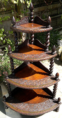 c1850 Antique English Carved Oak Inlaid Corner Wot Not Stand~ 56" tall ...