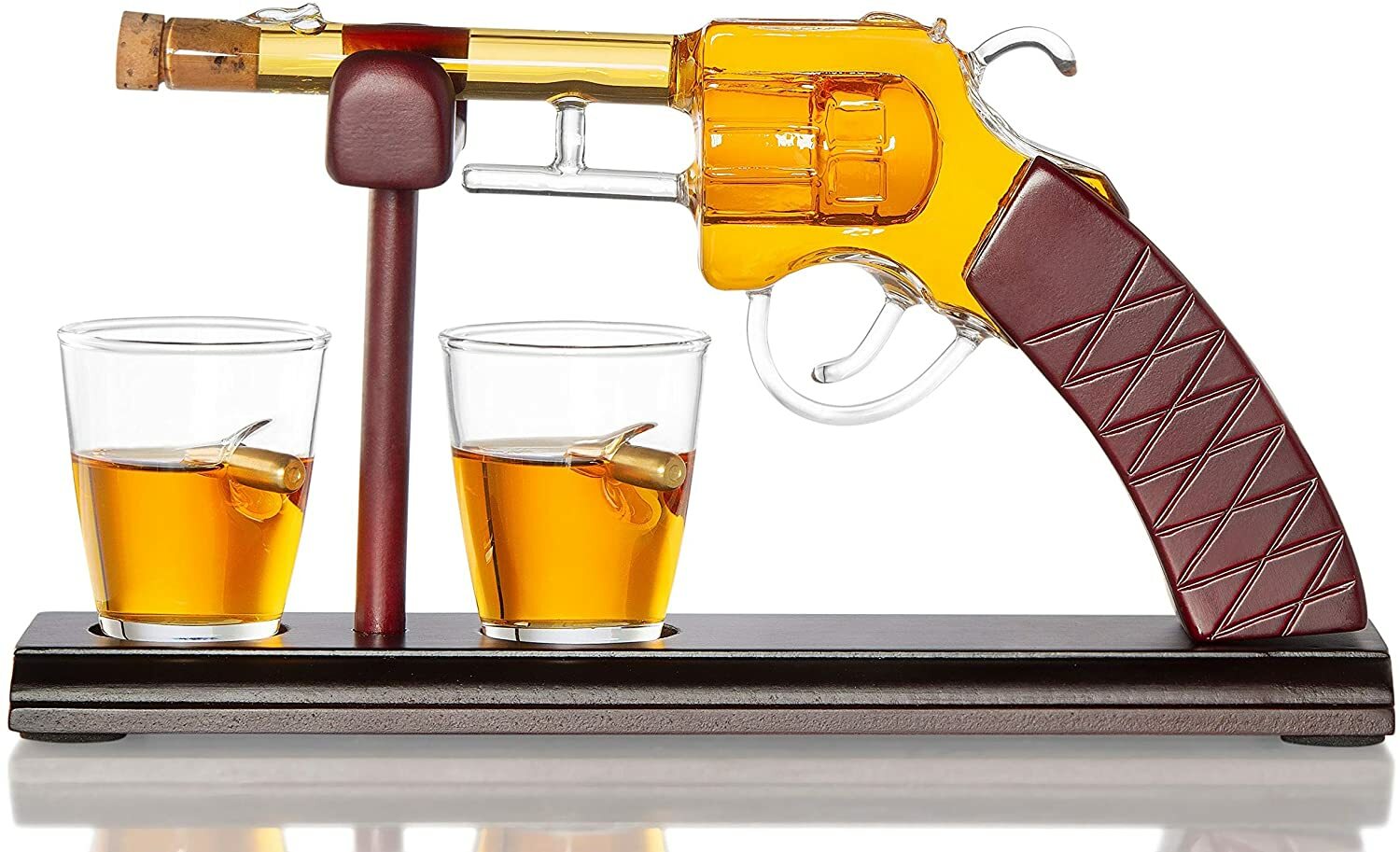 Gun Whiskey Decanter With A Set Of 2 Bullet Glasses & Mahogany Wooden ...