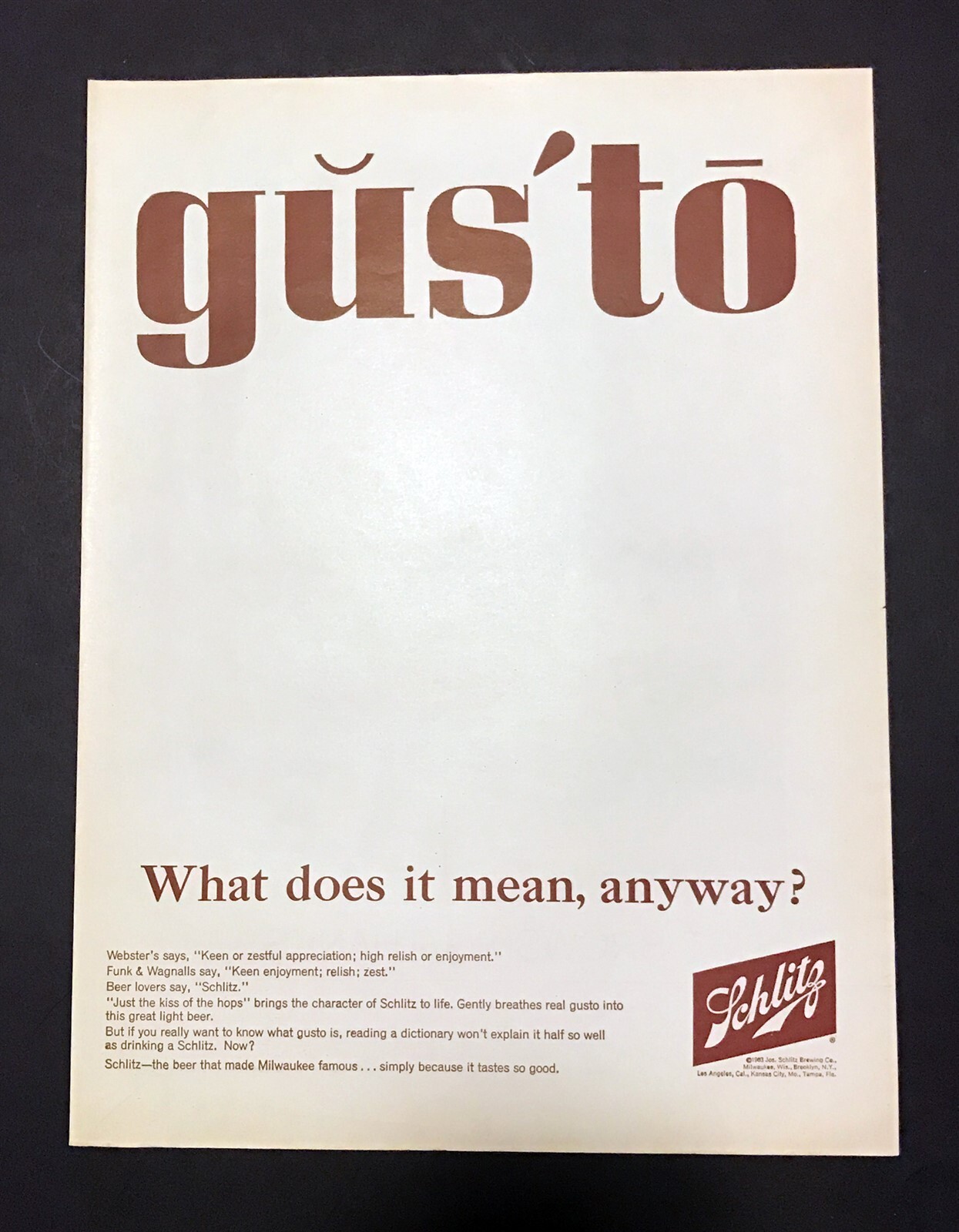 Schlitz Beer, Lager, Gusto Definition 1963 Vintage Poster Type Ad ...