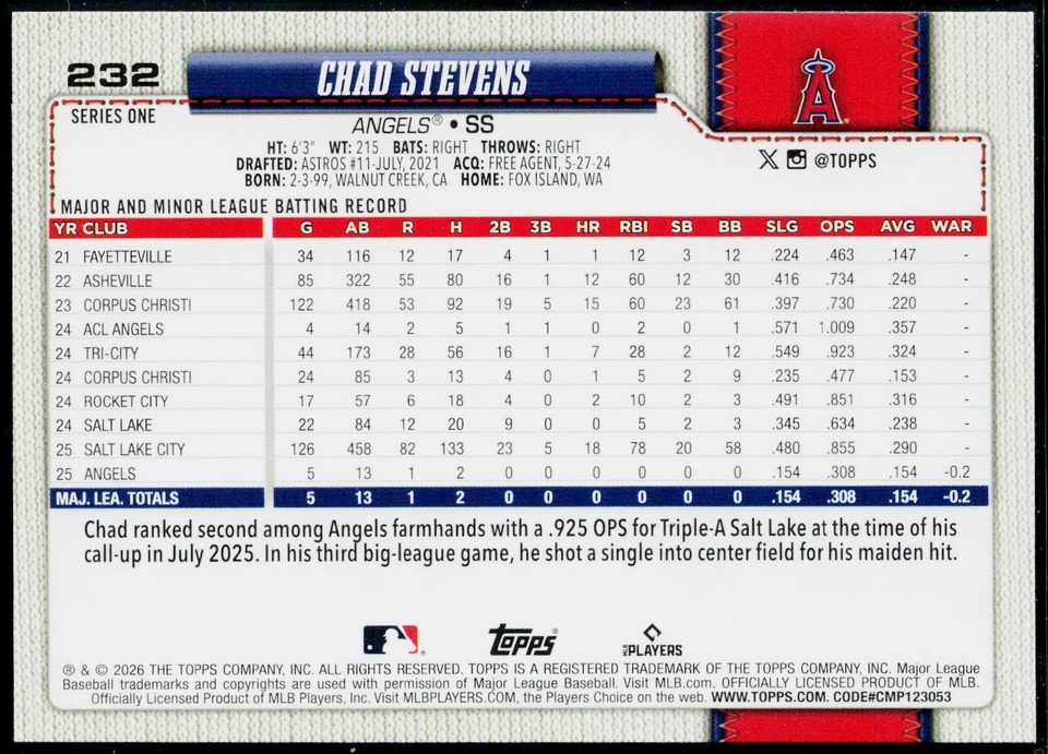 Chad Stevens 2026 Topps Series 1 #232 Silver Glitter Los Angeles Angels ...