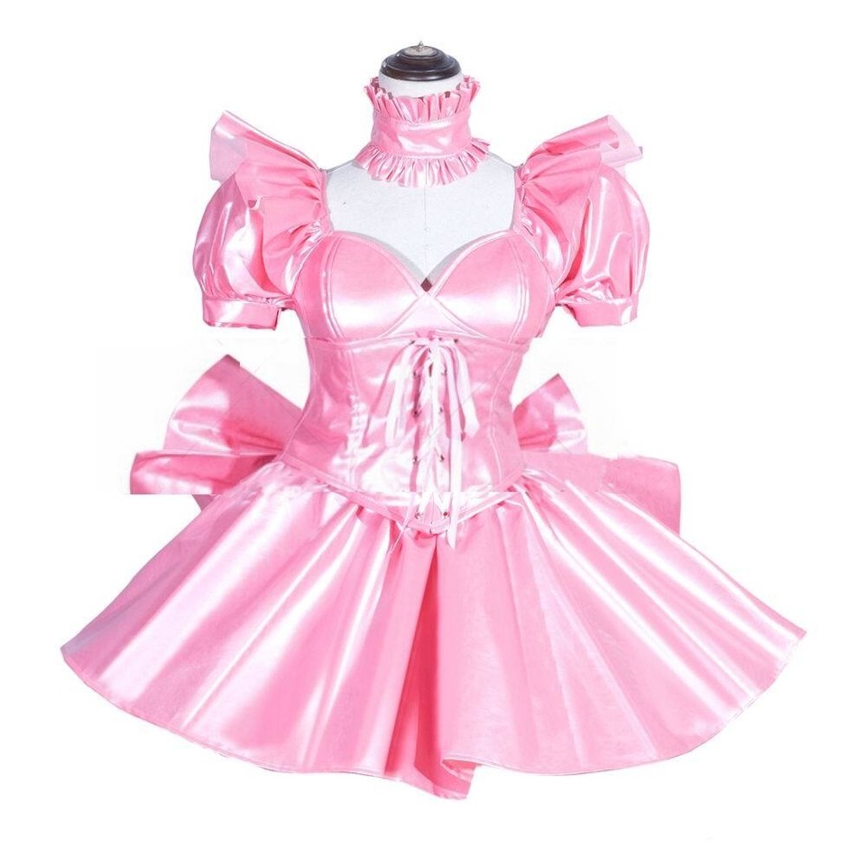 Girl Sissy maid mini Pink satin lockable dress Cosplay Costume Tailor ...