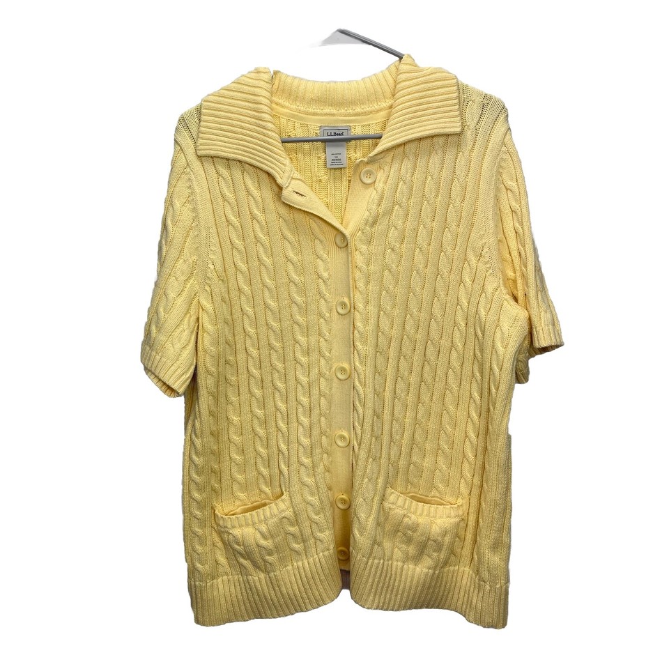 LL Bean Yellow Button Cotton Cable Short Sleeve Cardigan Sweater 1X ...