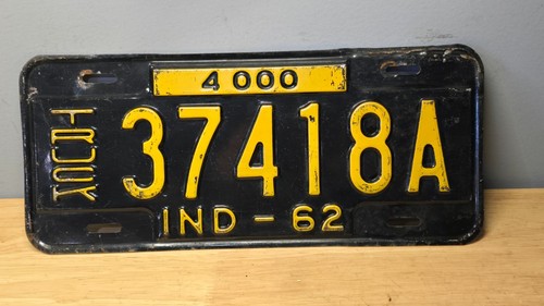 Vintage 1962 Indiana Truck License Plate 37418A Black / Yellow Car Auto ...