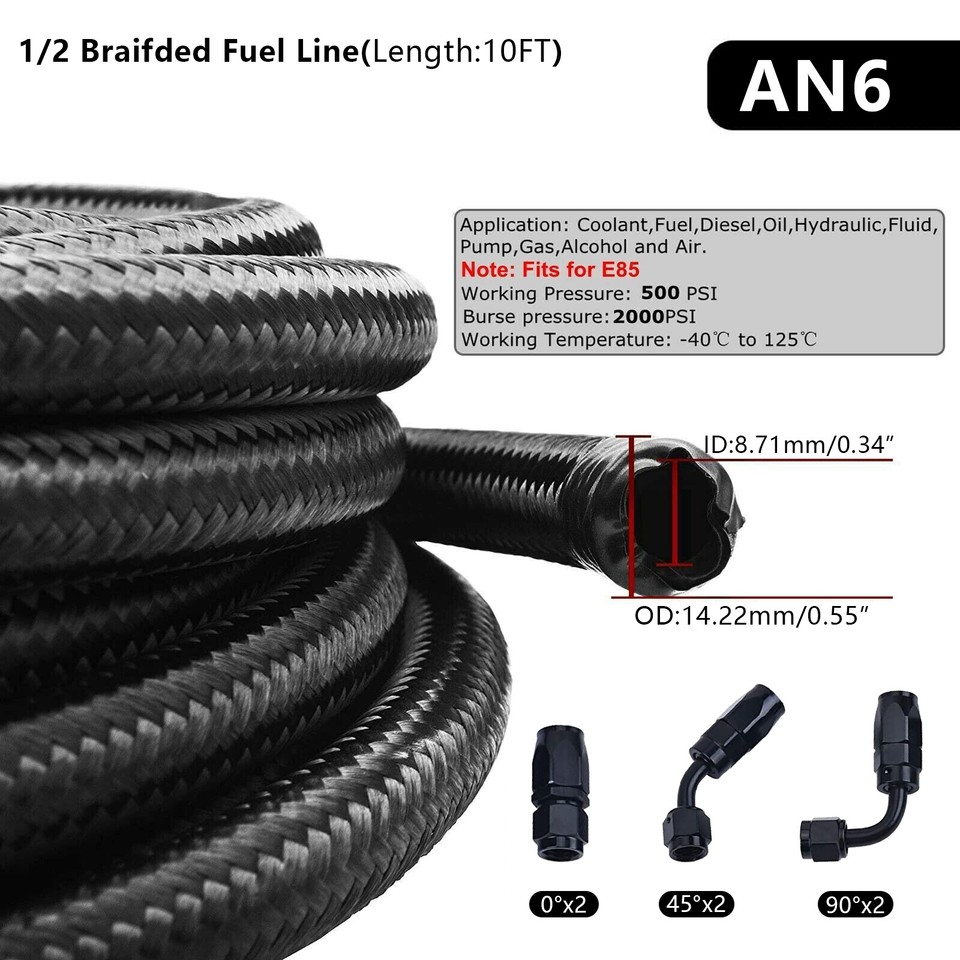 US 10ft AN6 6AN Stainless Steel Braided Fuel Line +Oil Gas Fuel Hose ...