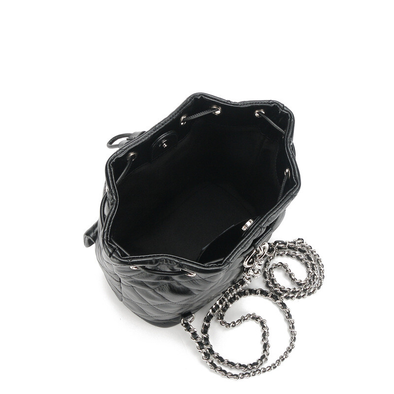 Small Mini Quilted Real Leather Drawstring Bucket Backpack Chains Purse ...