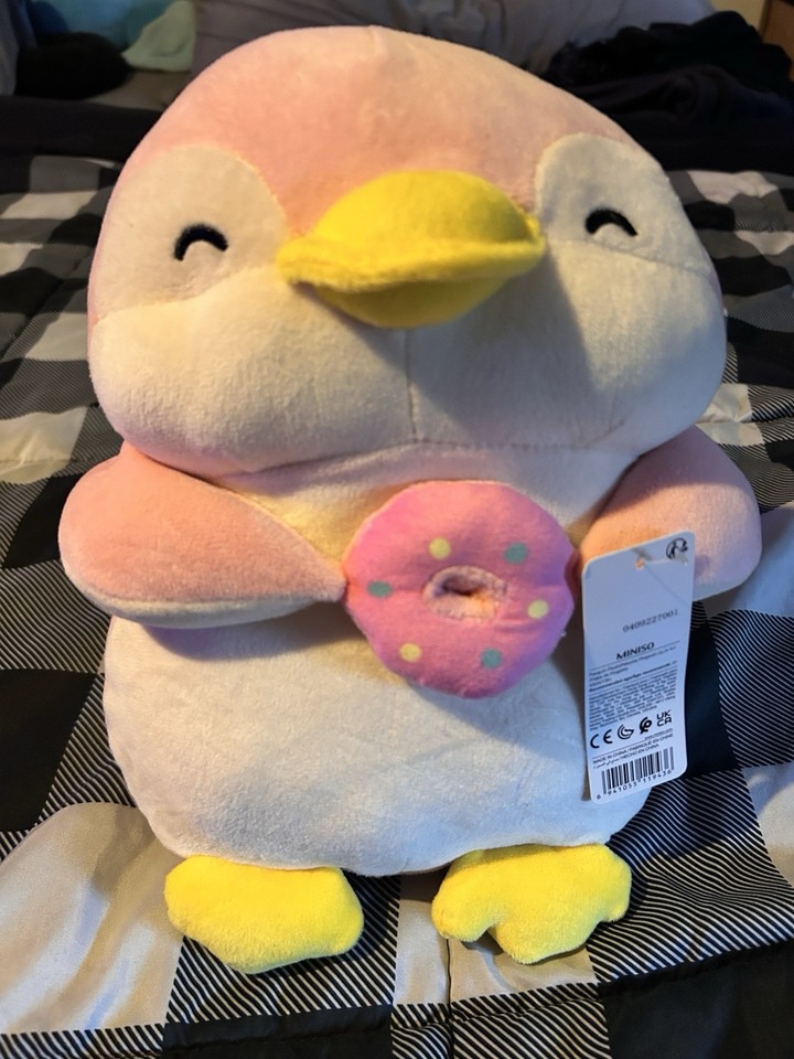 Rare Miniso Life Pink Penguin W/ Doughnut Plush 13” Kawaii Pendy ...