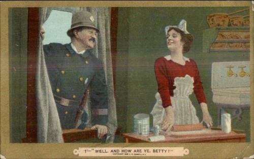 Police Officer Cop Flirting Pretty Woman Kitchen Baking c1910 Postcard ...