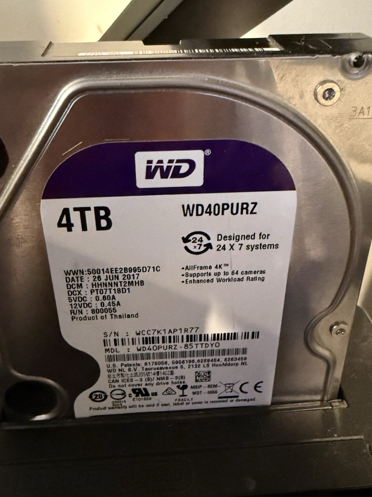4TB Western Digital WD Purple SATA 3.5 inch WD40PURZ Surveillance Hard ...