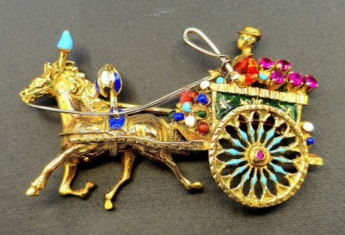 Vintage 18k Solid Gold Ruby & Enamel Floral Chariot Carriage Horse Pin ...