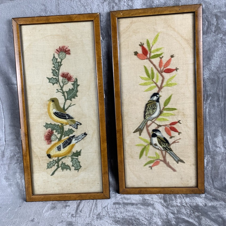 VTG Pair Of Framed Crewel Birds On Branches Embroidery Needlepoint ...