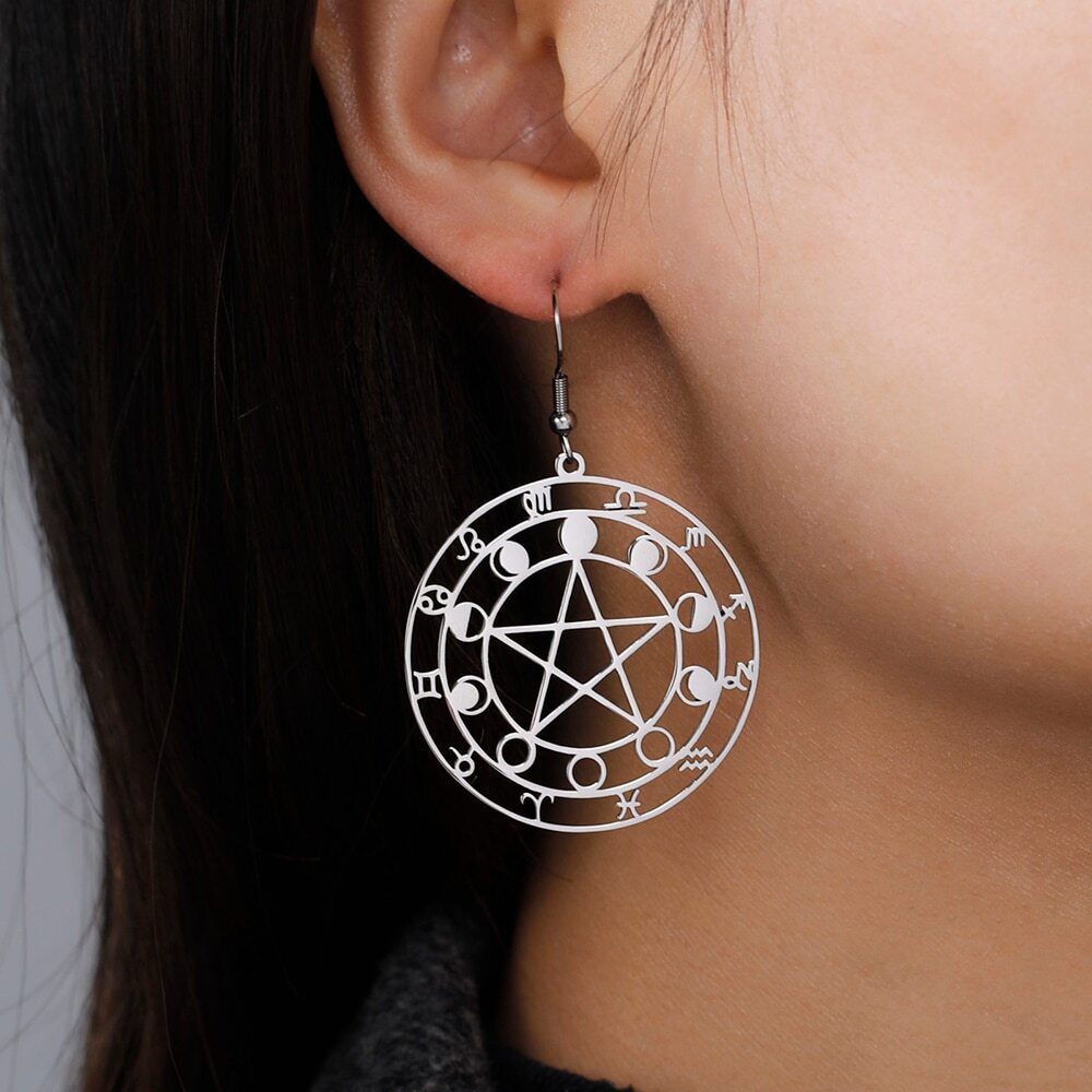 Pentagram Pentacle Big Earrings Moon Phase 12 Constellations Magic ...