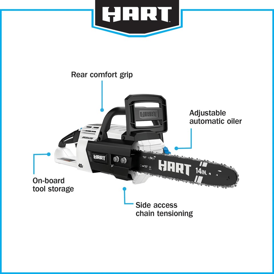 HART 40V Cordless Brushless 14 inch Chainsaw Kit (1) 4.0Ah Lithium-Ion ...
