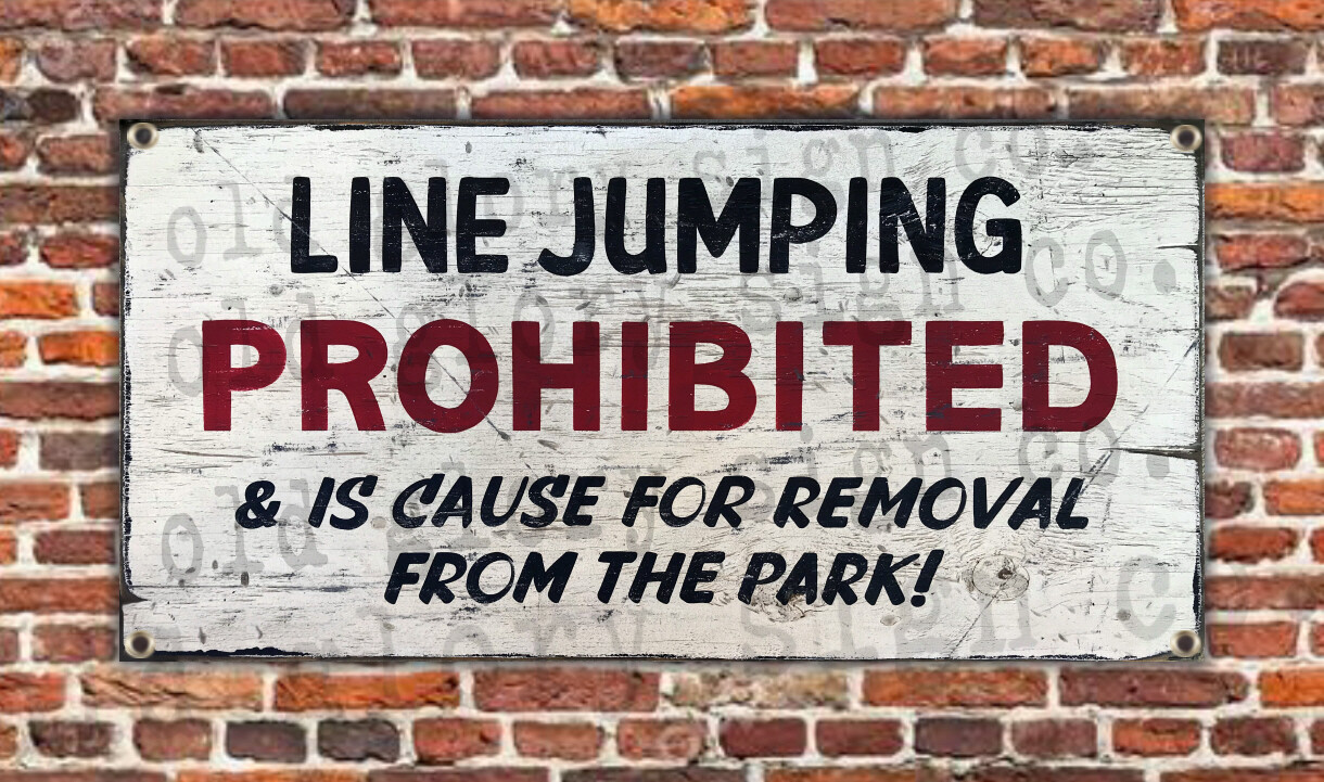 Amusement Park LINE JUMPING PROHIBITED sign banner art ROLLER COASTER ...