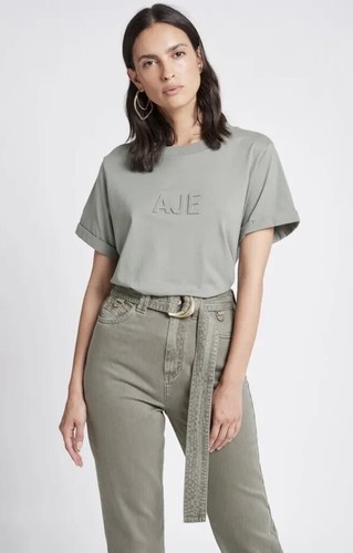 Aje Ladies Classic Stone T-Shirt Oversize Rolled Cuffs Sleeve Cotton ...