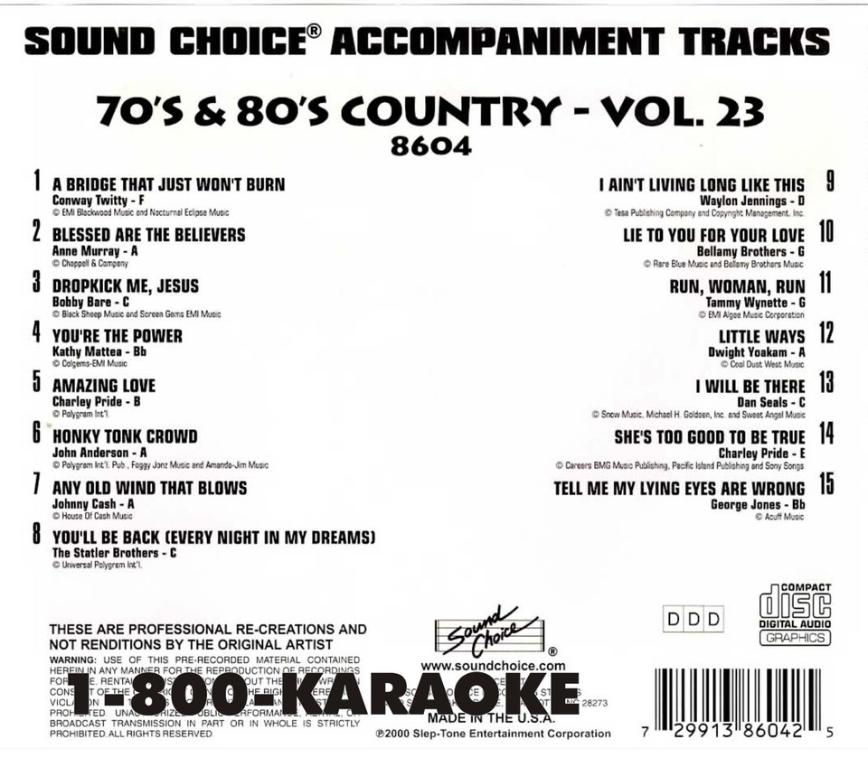 SOUND CHOICE KARAOKE 70s & 80s COUNTRY v. 23 cdg CD+G SC8604 RARE DISC ...